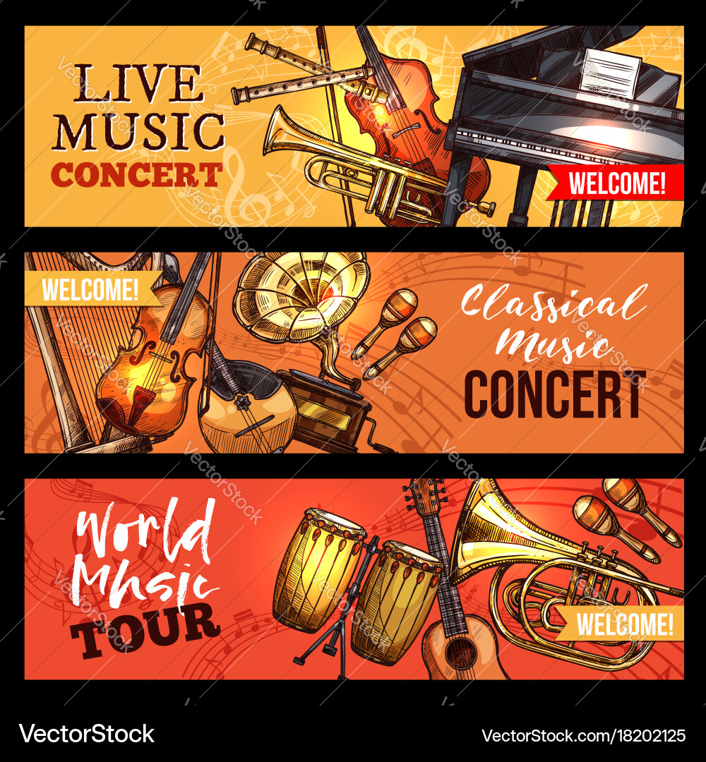 Music concert banners sketch instruments Vector Image