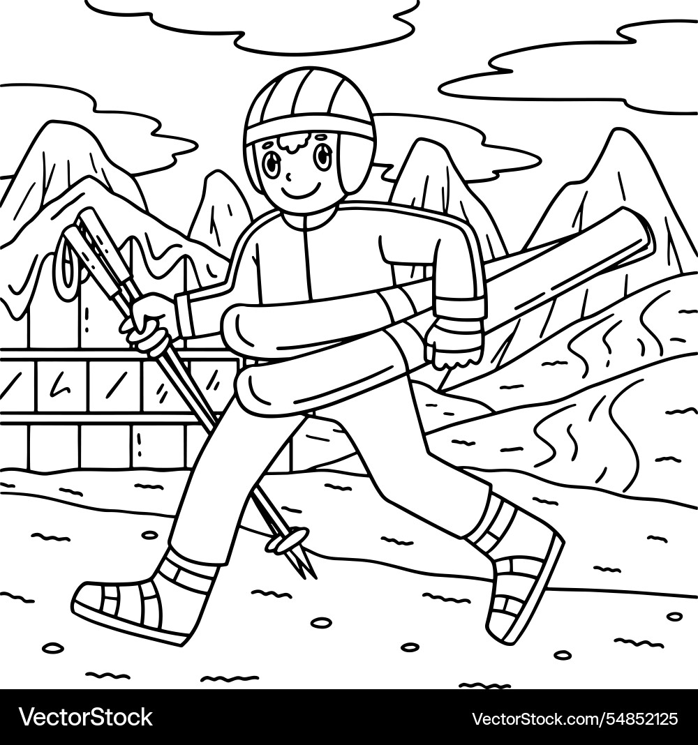 Skiing boy carrying skiboard coloring page Vector Image