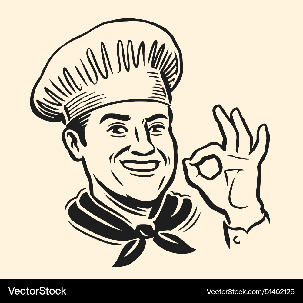 Happy chef in hat shows hand gesture ok Royalty Free Vector