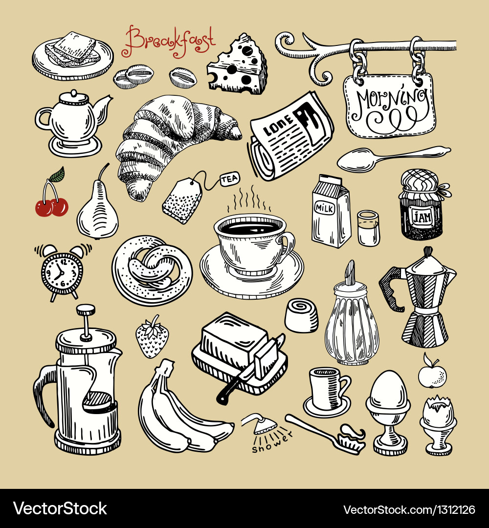 Sketch morning breakfast set Royalty Free Vector Image
