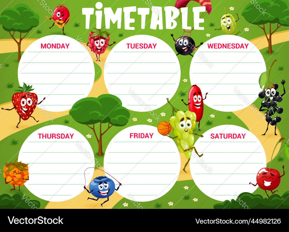 Timetable schedule with cartoon berry characters Vector Image