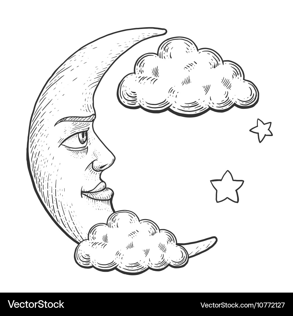 Engraved Moon Face in Clouds Royalty Free Vector Image