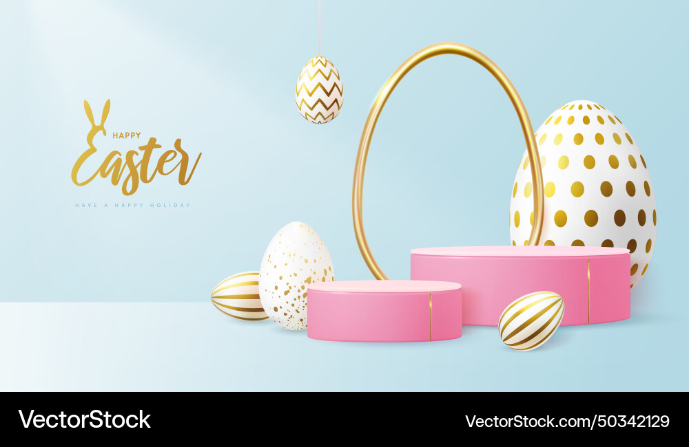 Easter background with 3d podium and eggs Vector Image