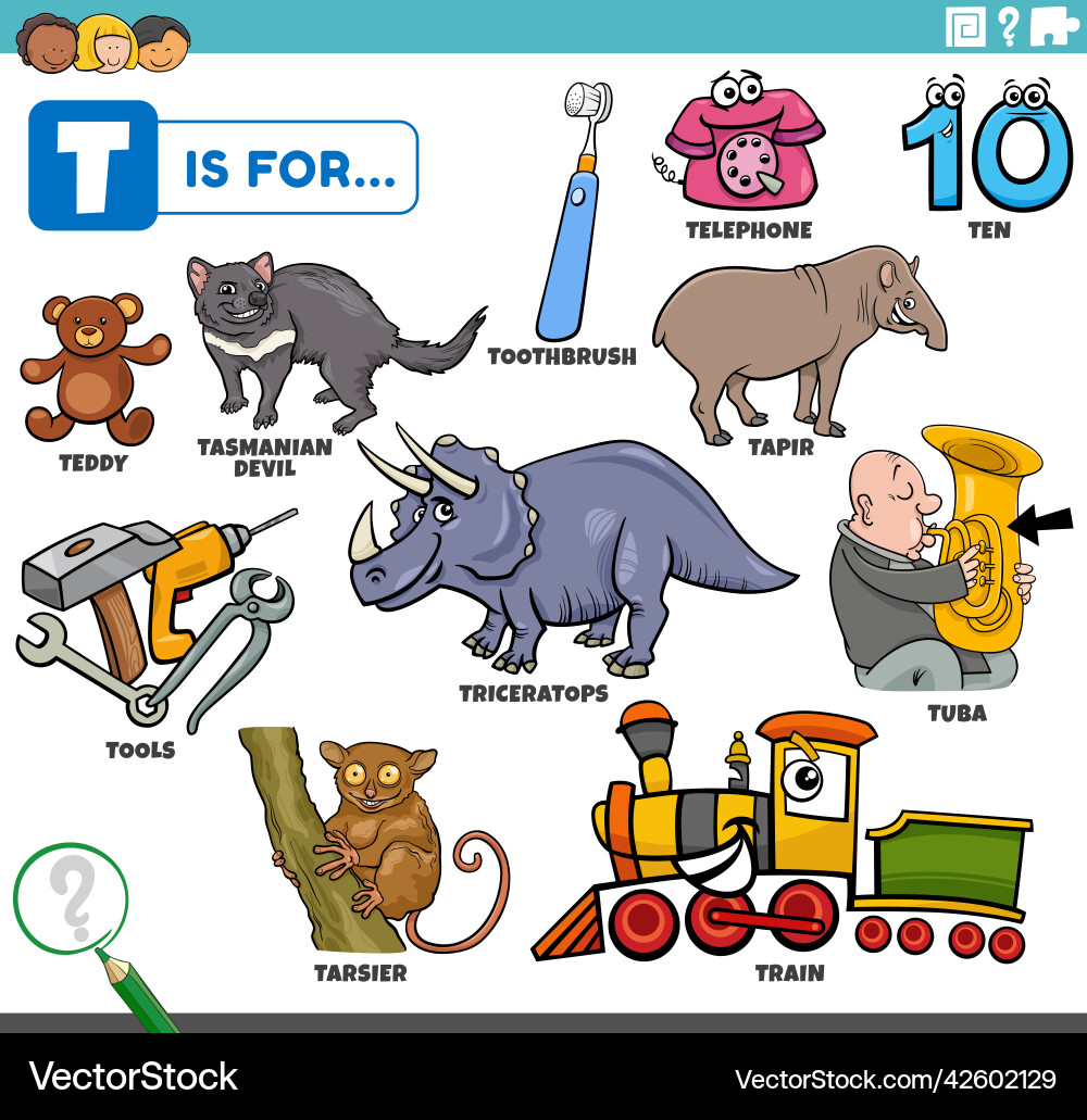 Letter t words educational set with cartoon Vector Image