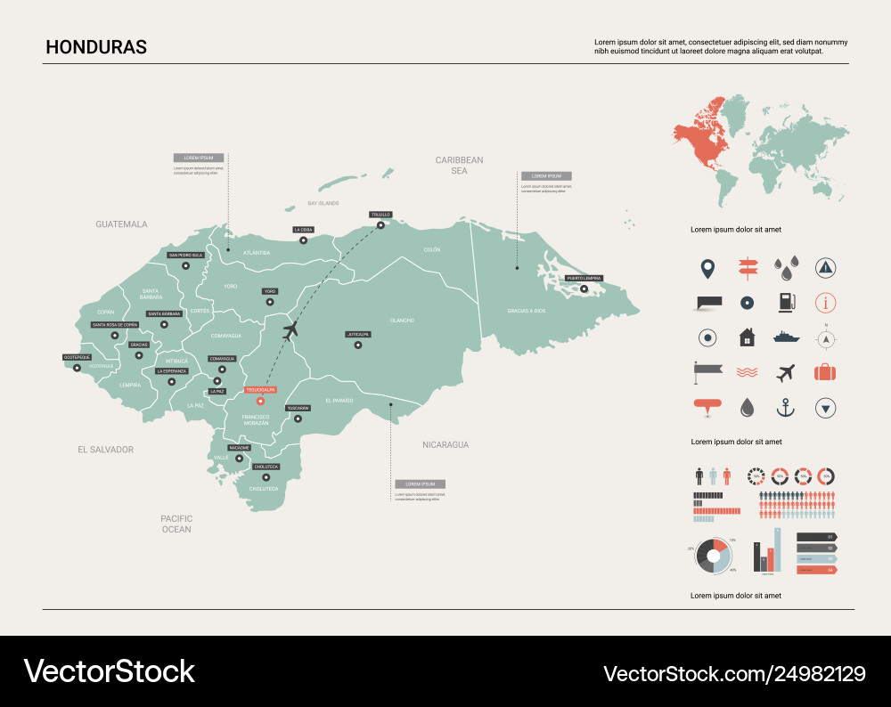 Map honduras high detailed country Royalty Free Vector Image