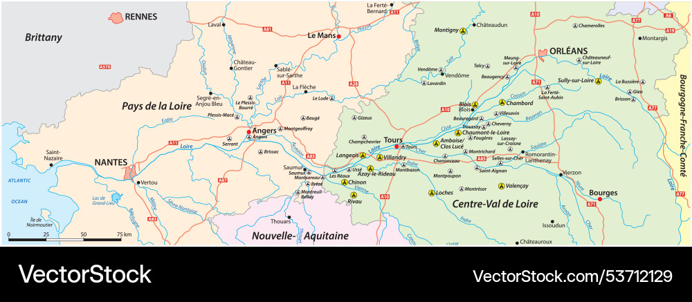 Map of the loire with most important castles Vector Image