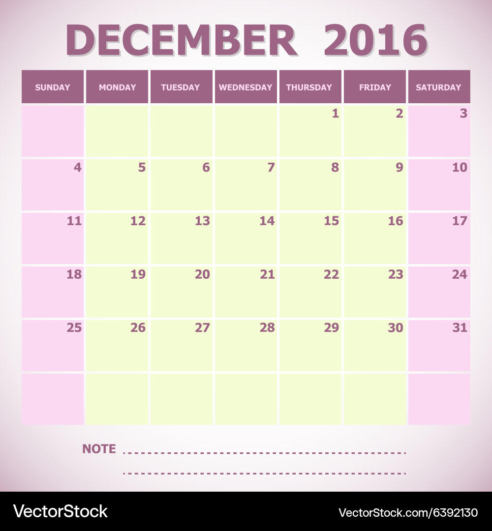 Calendar december 2016 week starts sunday Vector Image