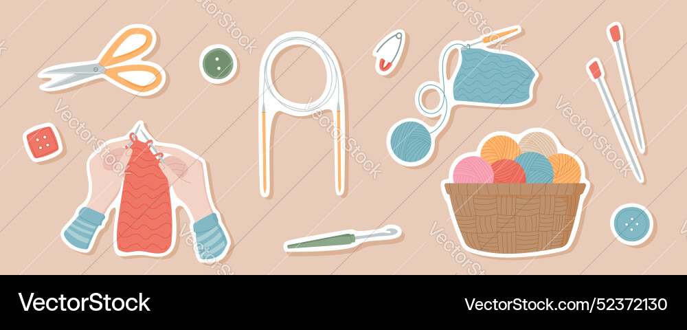 Hands knitting with a thread sticker pack Vector Image