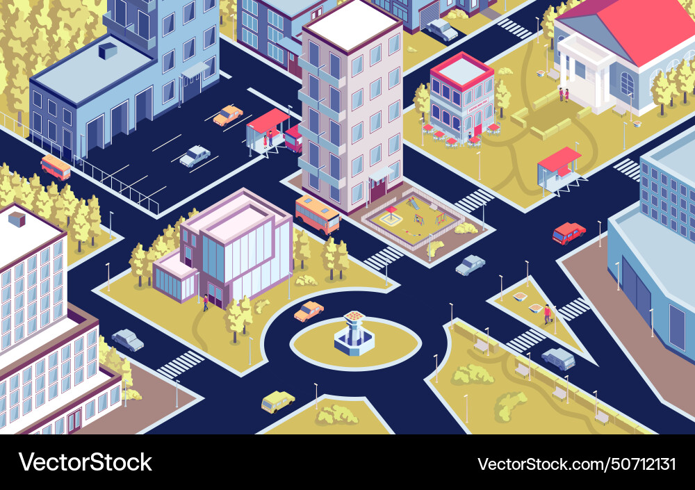 Isometric city district composition Royalty Free Vector
