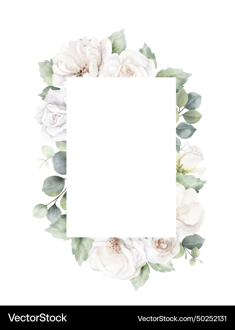 Watercolor floral frame white roses Royalty Free Vector