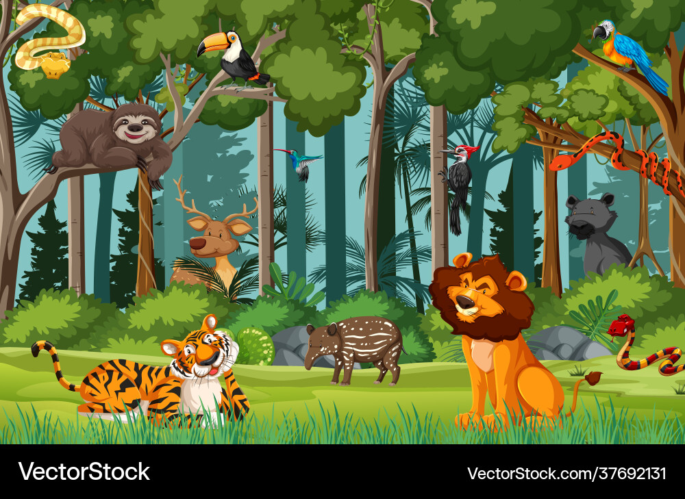 Wild animal cartoon character in forest scene Vector Image