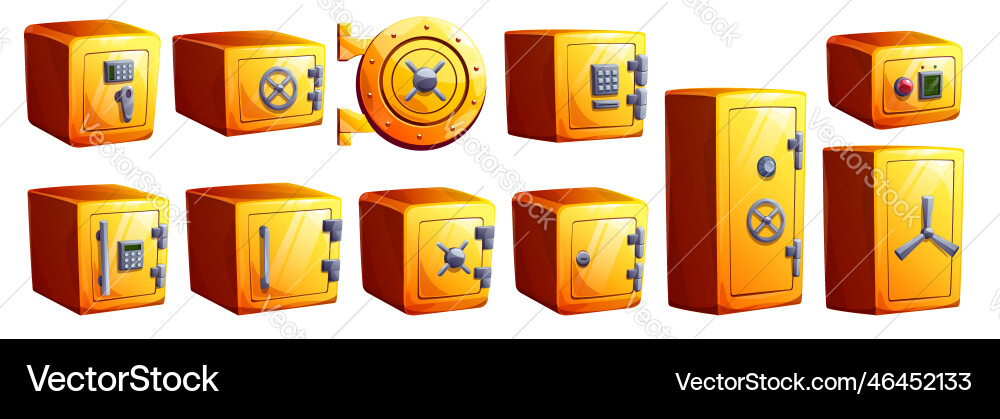 Cartoon set of yellow safe boxes isolated on white