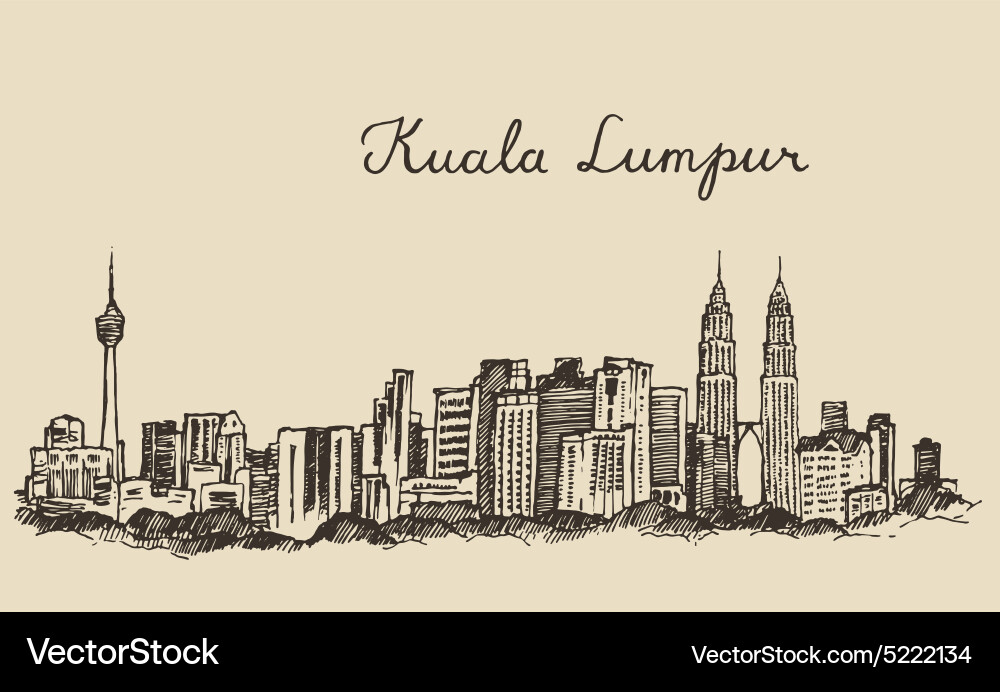 Kuala lumpur skyline engraved hand drawn sketch Vector Image