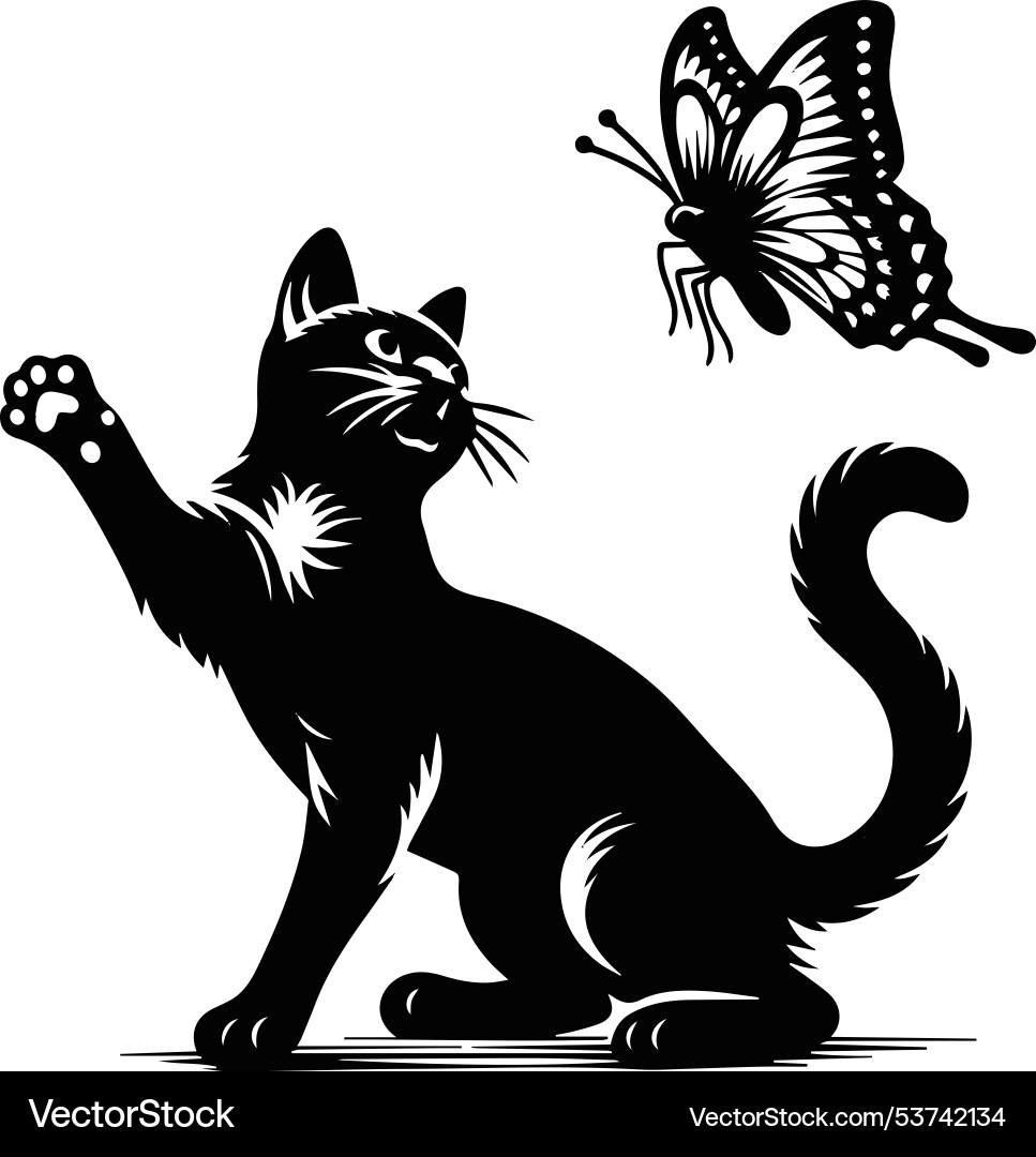 Silhouette of a playful cat chasing butterfly Vector Image