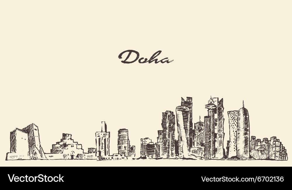 Doha skyline hand drawn Royalty Free Vector Image