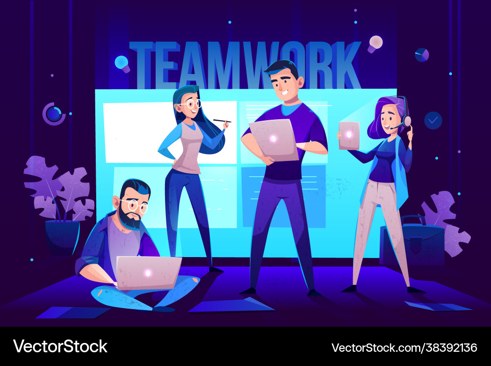 Operator and crew at screen for presentations Vector Image