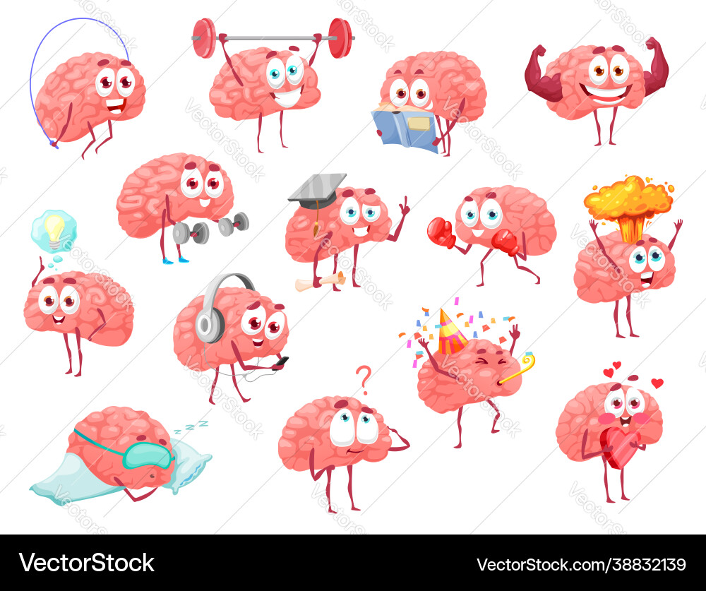 Cartoon brain characters brainstorm and health Vector Image