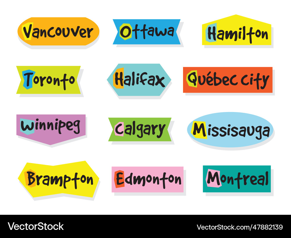 Colorful cute canada big cities names icons set Vector Image