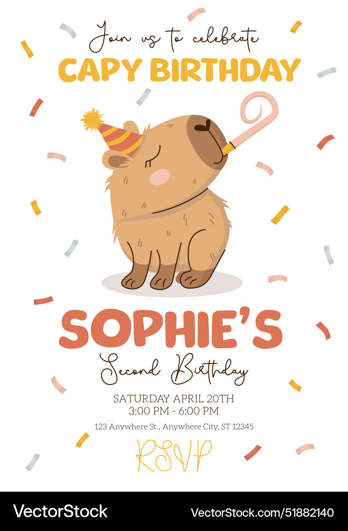 Capy birthday invitation template in hand-drawn Vector Image