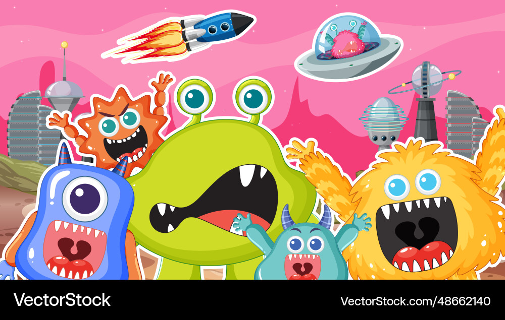 Cute alien monster cartoon friends in outer space Vector Image