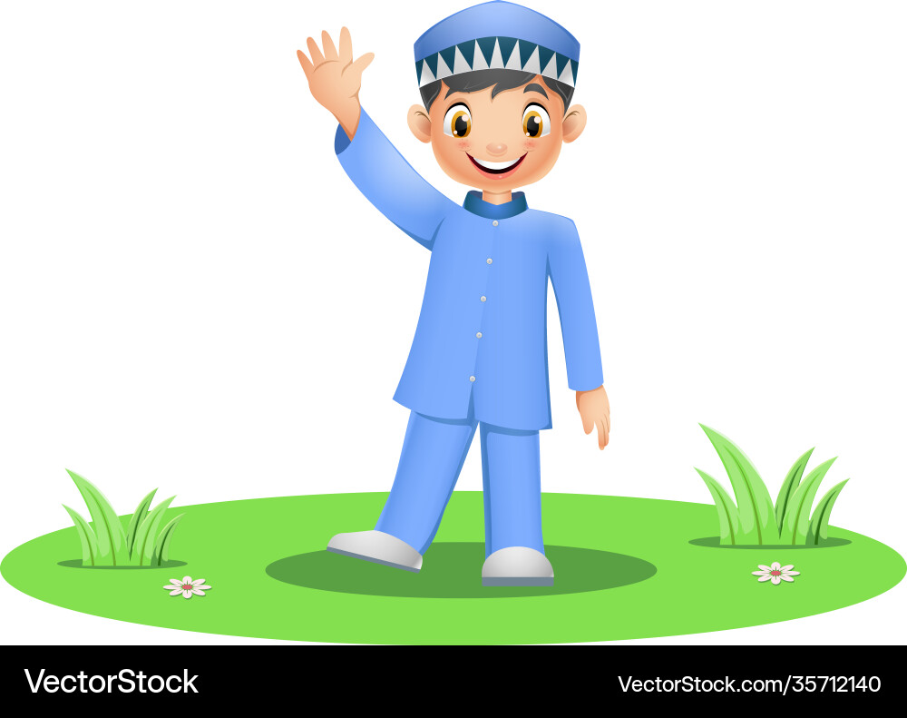 Cute muslim boy stand and waving hand Royalty Free Vector
