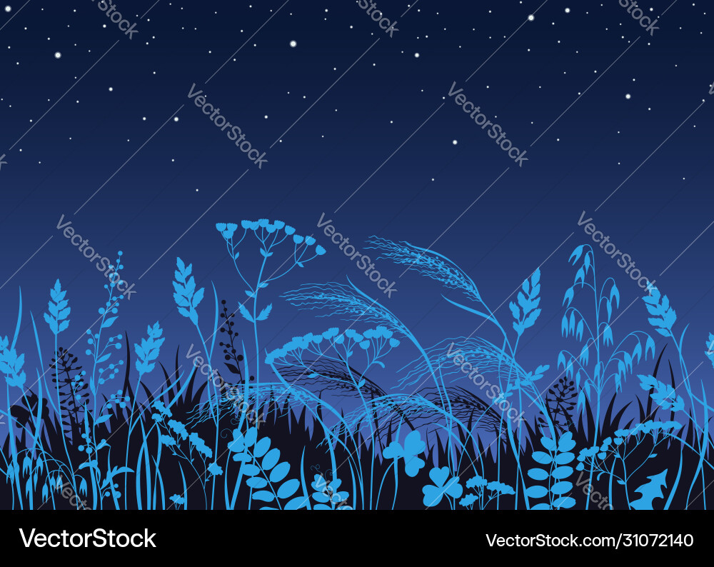 Seamless border with wild plants in moonlight Vector Image