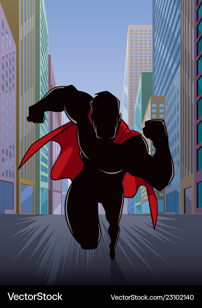 Superhero running in city silhouette Royalty Free Vector