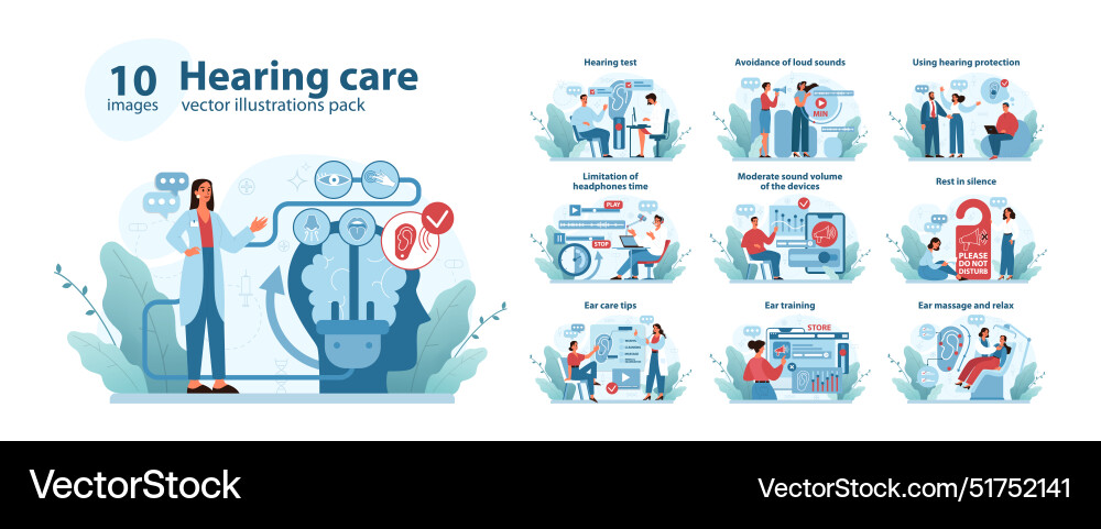 Hearing care concept set comprehensive Royalty Free Vector