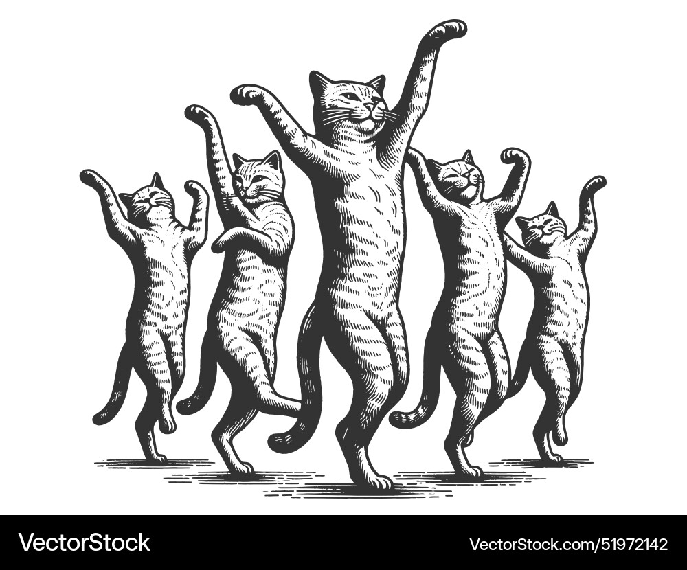 Dancing cats engraving sketch Royalty Free Vector Image