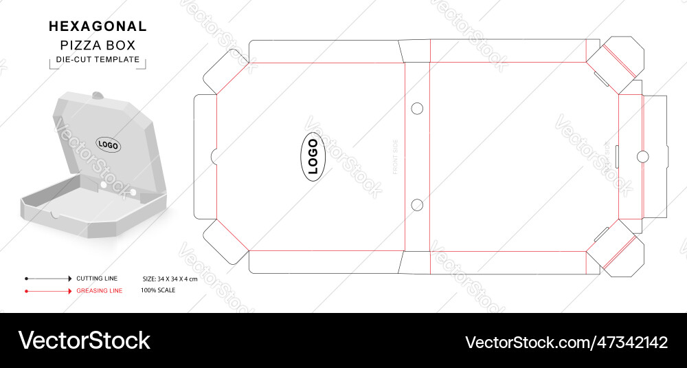 Pizza box large hexagonal packaging die cut Vector Image