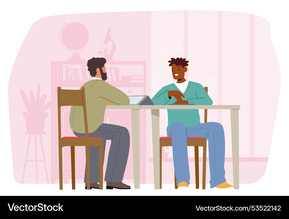 Student submitting an exam to a teacher at table Vector Image