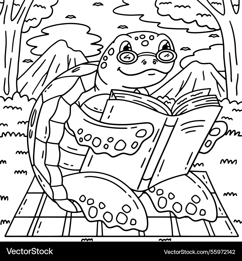 Turtle reading a book coloring page for kids Vector Image