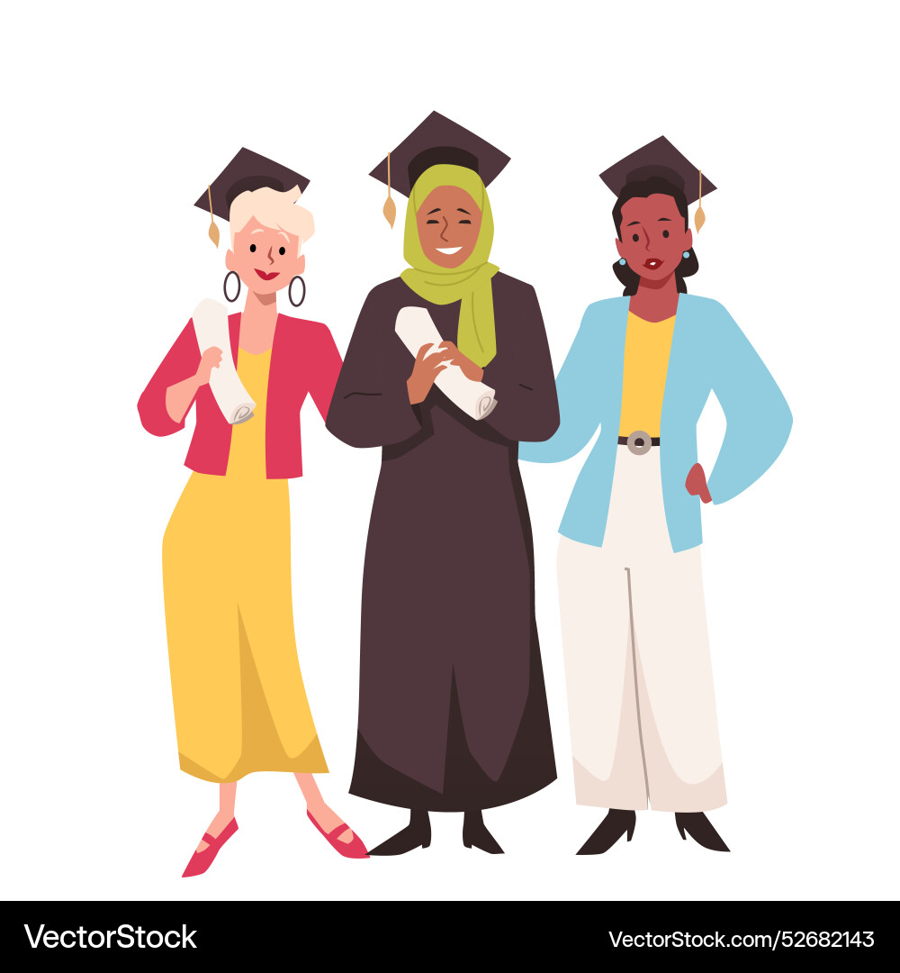 Young women students of different races graduation
