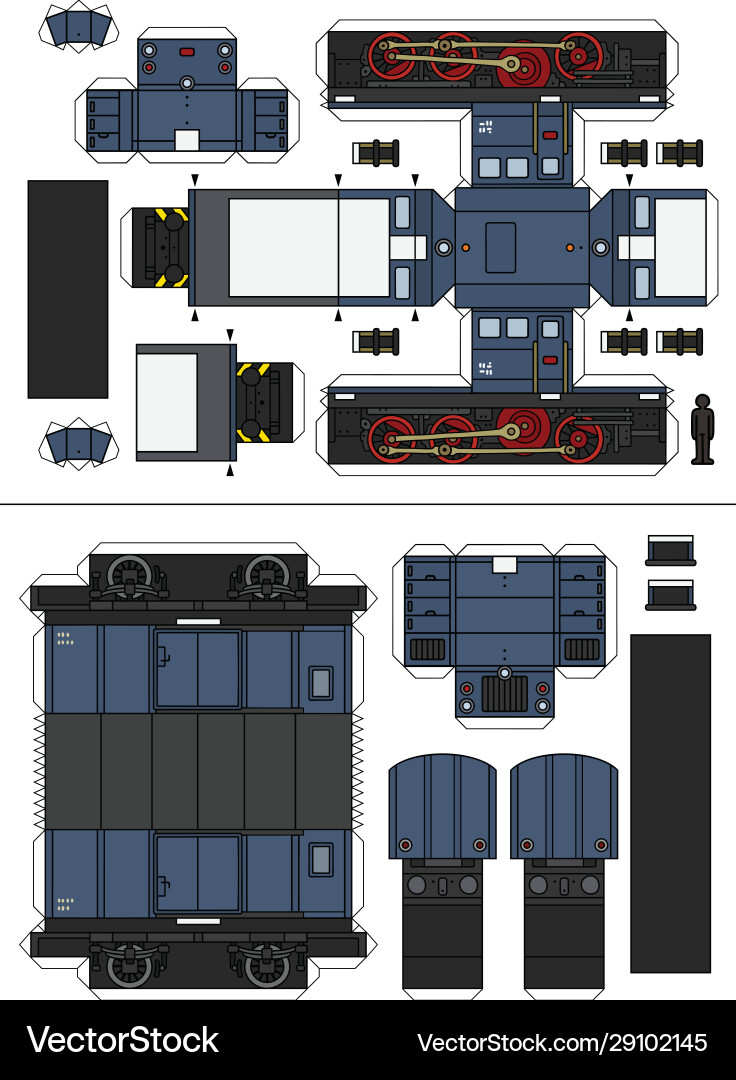 Paper model a vintage blue diesel train Royalty Free Vector