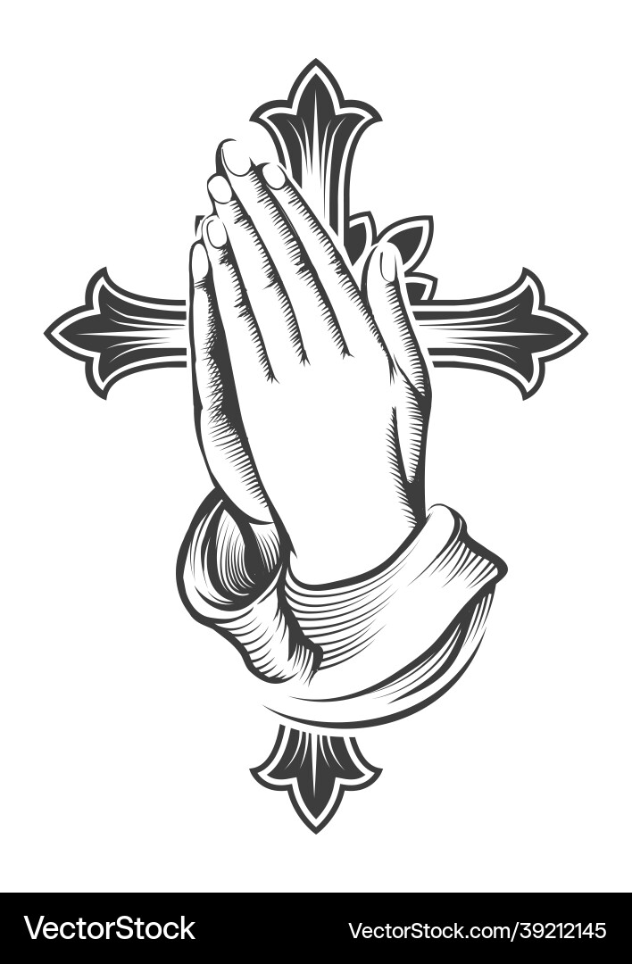Praying Hands With Cross Drawing Hand Drawn Fingers Crossed Gesture Of