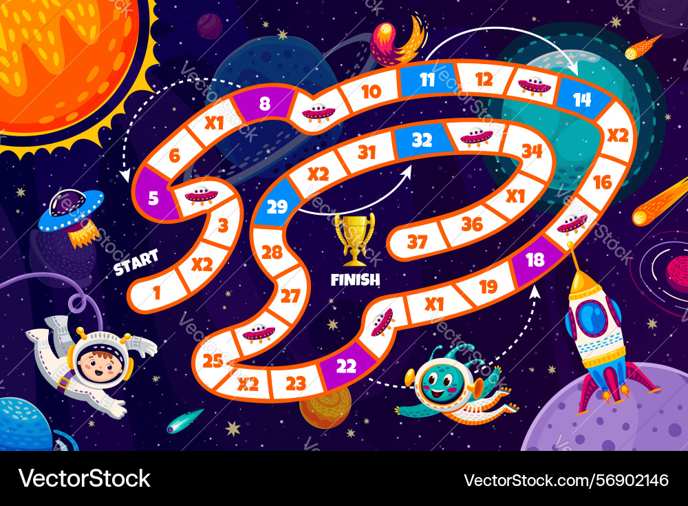 Kids space board step game interactive worksheet Vector Image