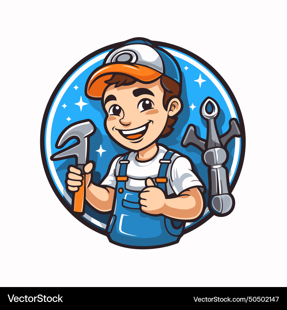 Cartoon mechanic boy holding a wrench and tools Vector Image
