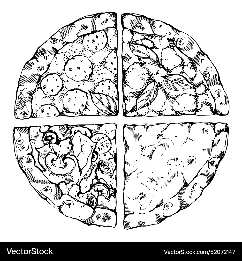 Hand drawn ink pizza slice with toppings Vector Image