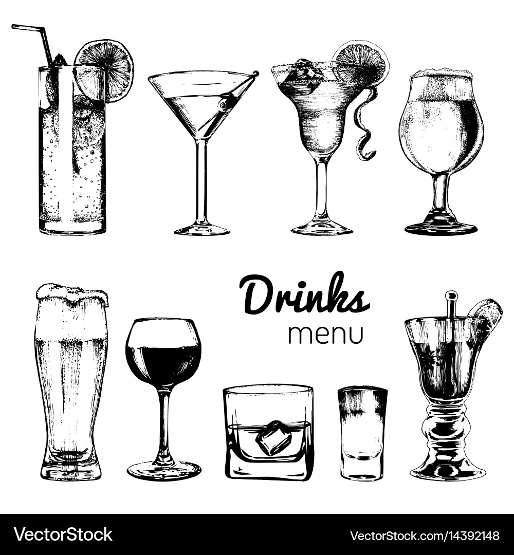 Cocktails drinks and glasses for bar restaurant Vector Image