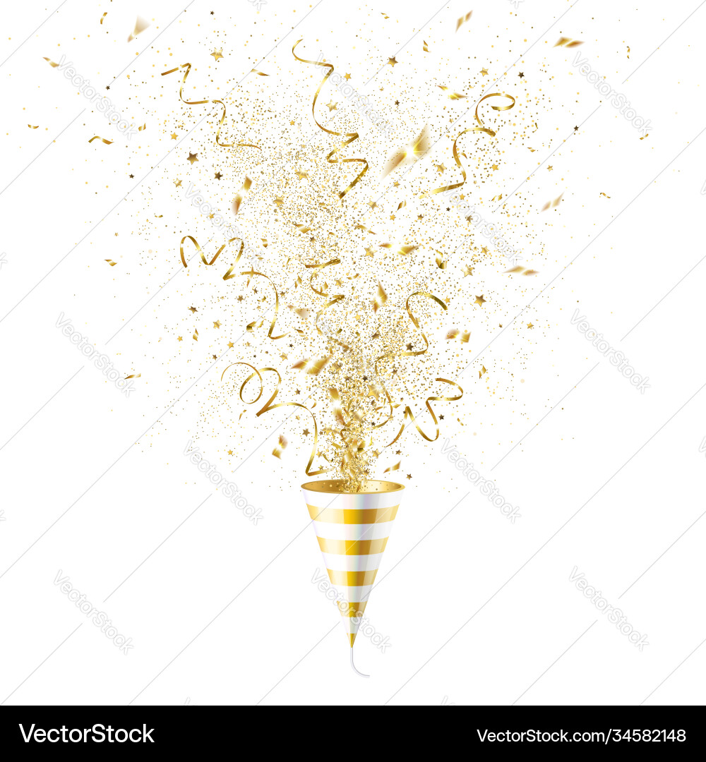 Explosion party popper with gold confetti Vector Image