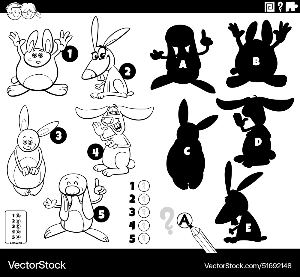 Finding shadows activity with cartoon rabbits Vector Image