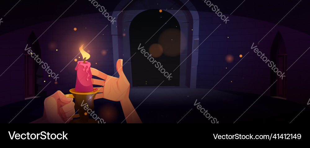 Hand holding candle in dark dungeon at night Vector Image