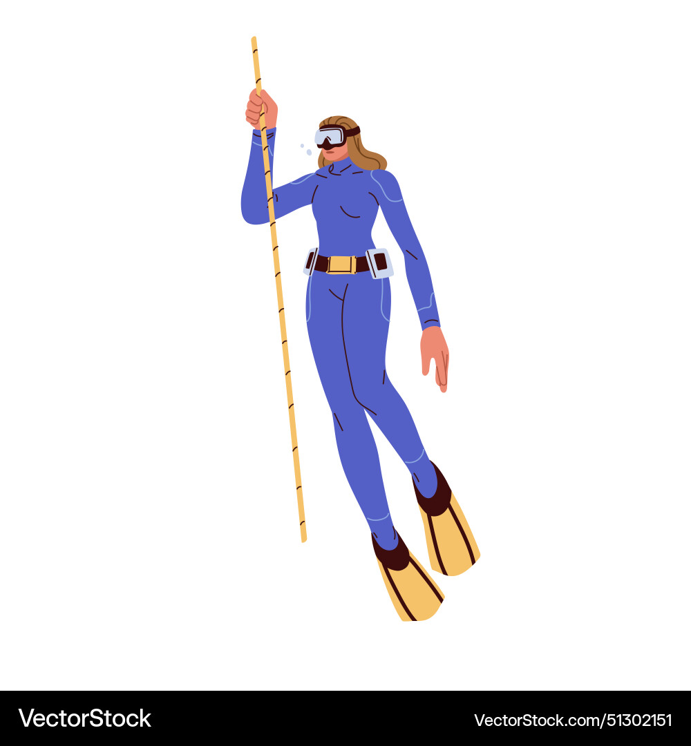 Free diver in goggles anchoring with rope during Vector Image