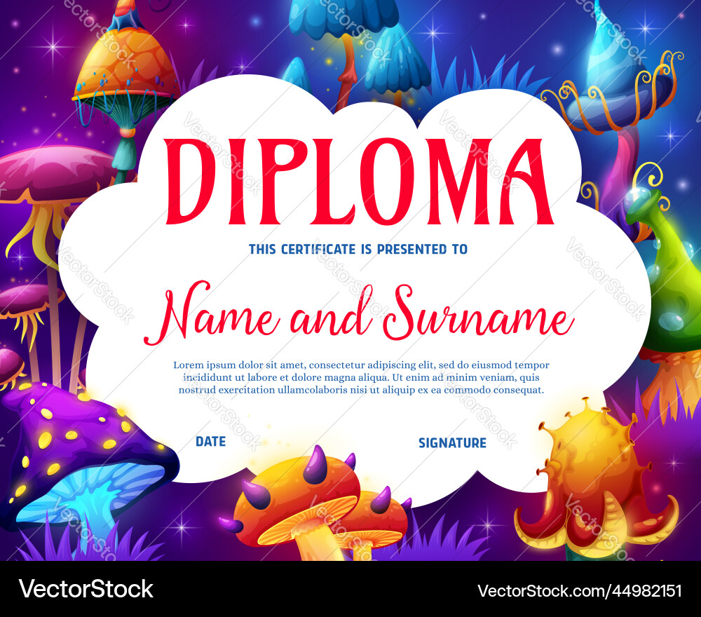 Kids diploma with magic mushrooms in forest Vector Image