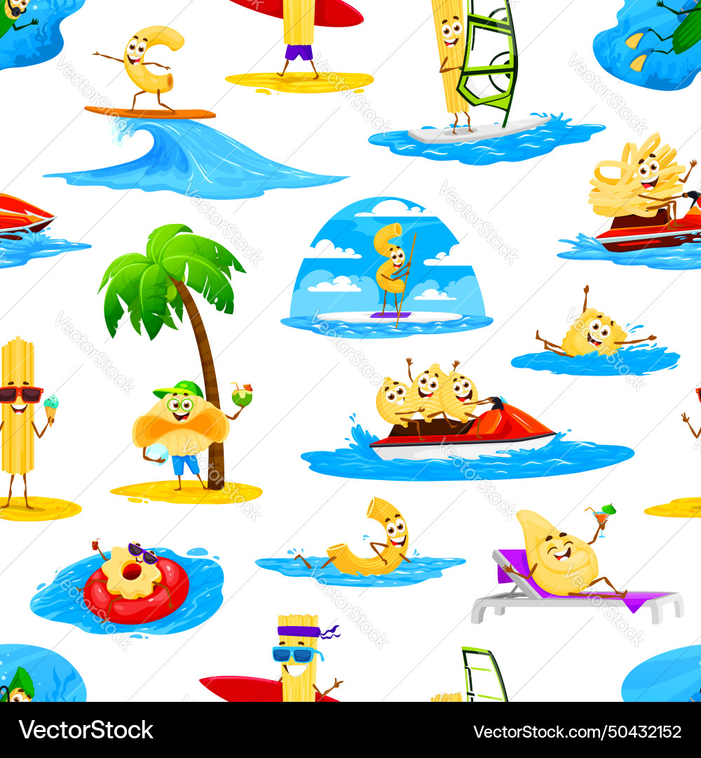 Cartoon pasta characters on beach seamless pattern
