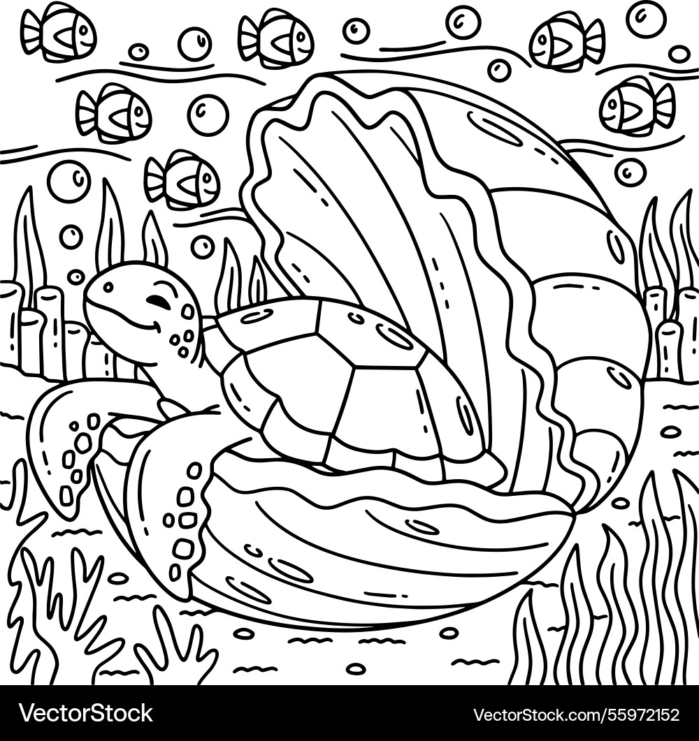 Turtle inside a clam shell coloring page for kids Vector Image