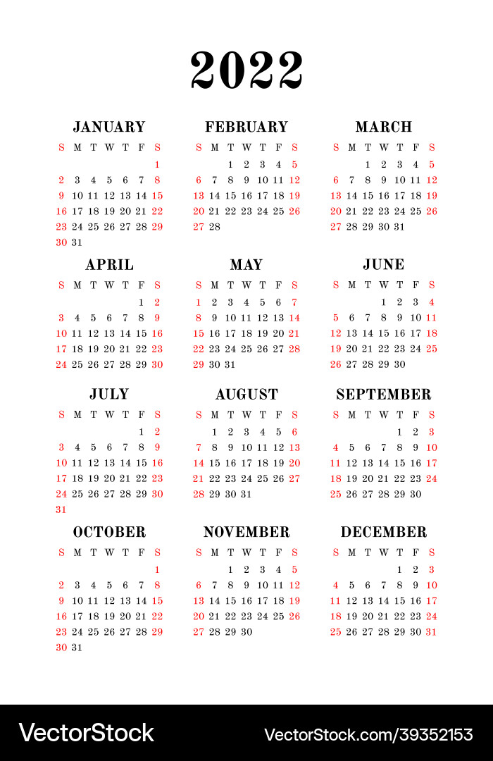 Calendar 2022 year english calender template Vector Image