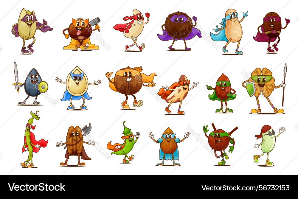 Cartoon groovy superhero nut and bean characters Vector Image