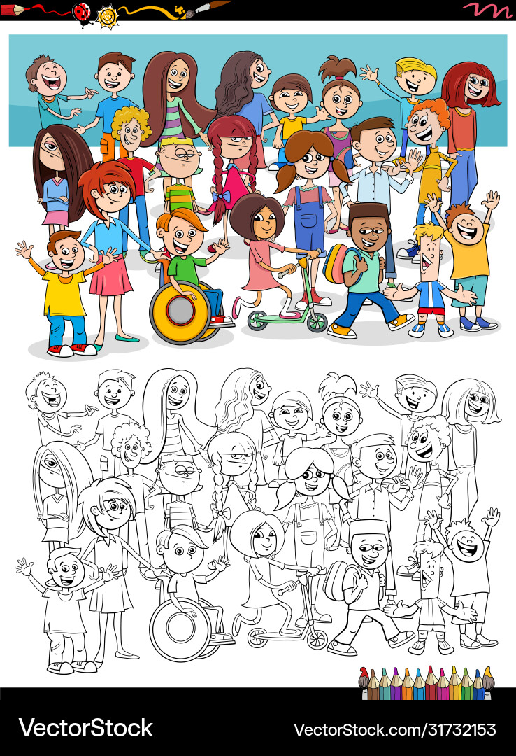 Cartoon kids characters group coloring book page Vector Image