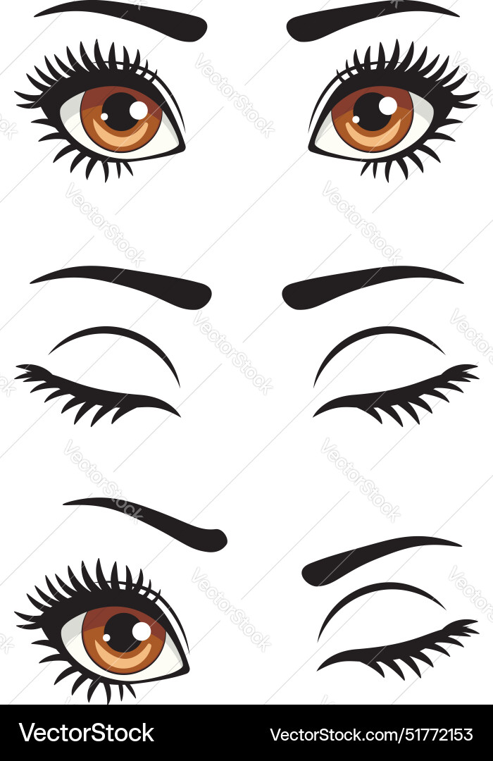 Open closed and wink brown cartoon eyes Royalty Free Vector